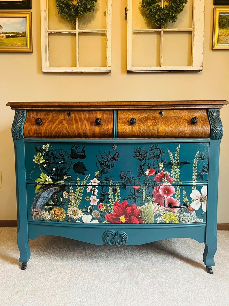 Vintage Dresser Painted Dresser Peacock and Flowers - Etsy