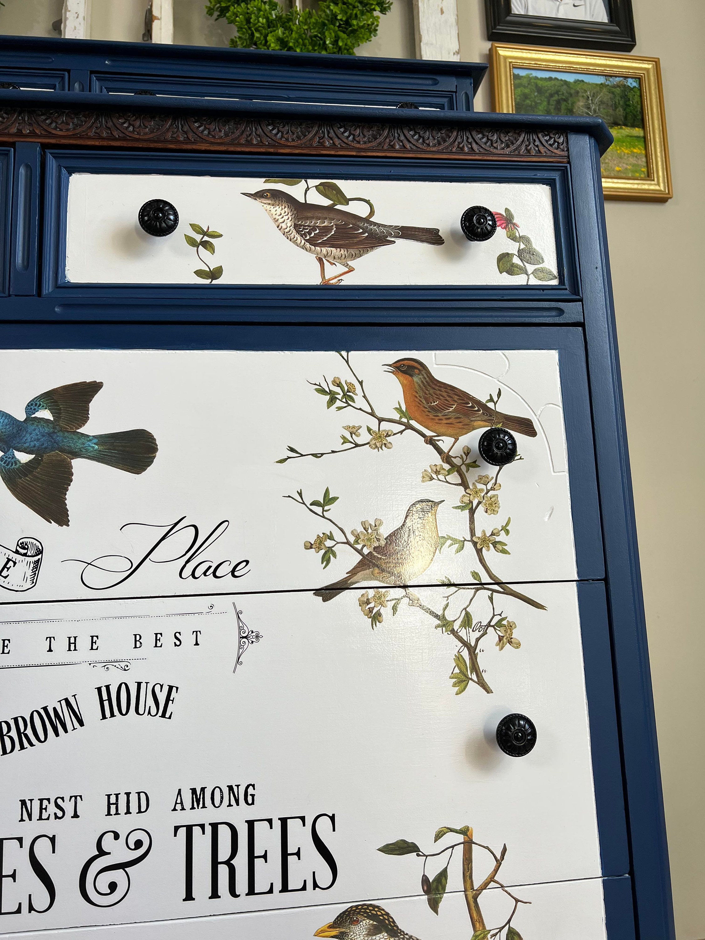 Antique Tall Painted Blue Dresser Bird Farmhouse Dresser Custom Dresser ...