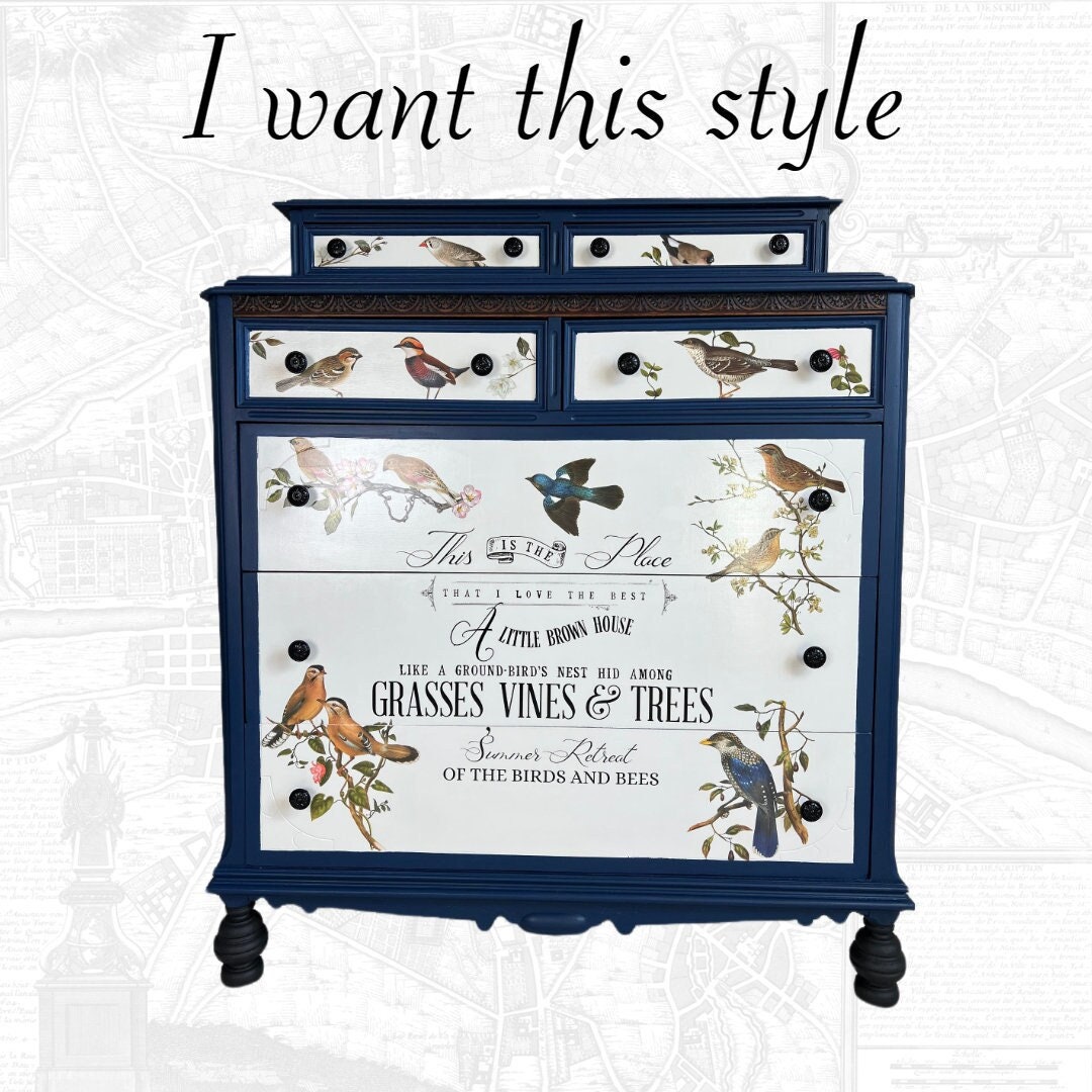 Antique Tall Painted Blue Dresser Bird Farmhouse Dresser Custom Dresser ...
