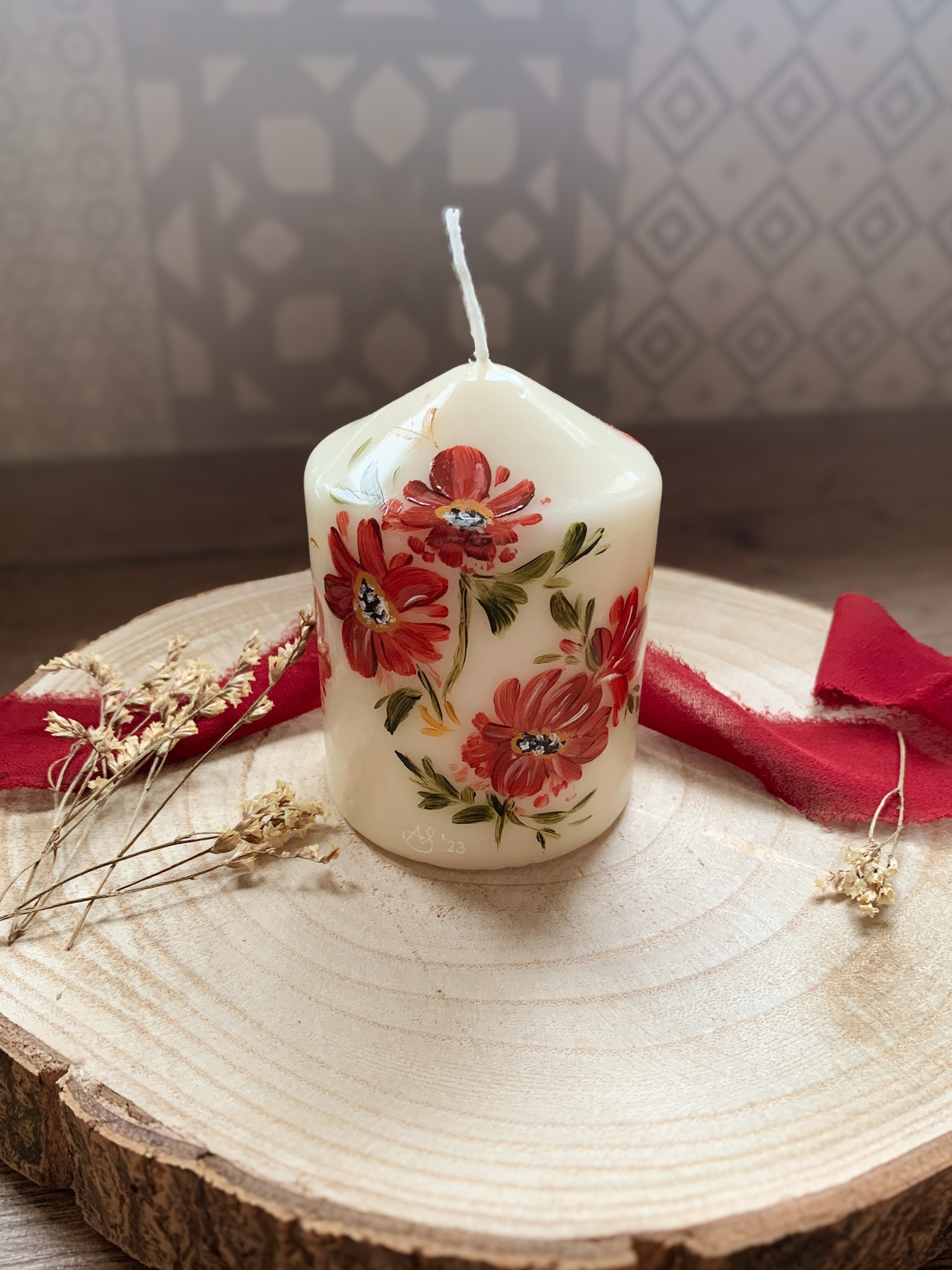 Hand Painted Pillar Candle With Loose Florals, Red Flowers, Spring ...