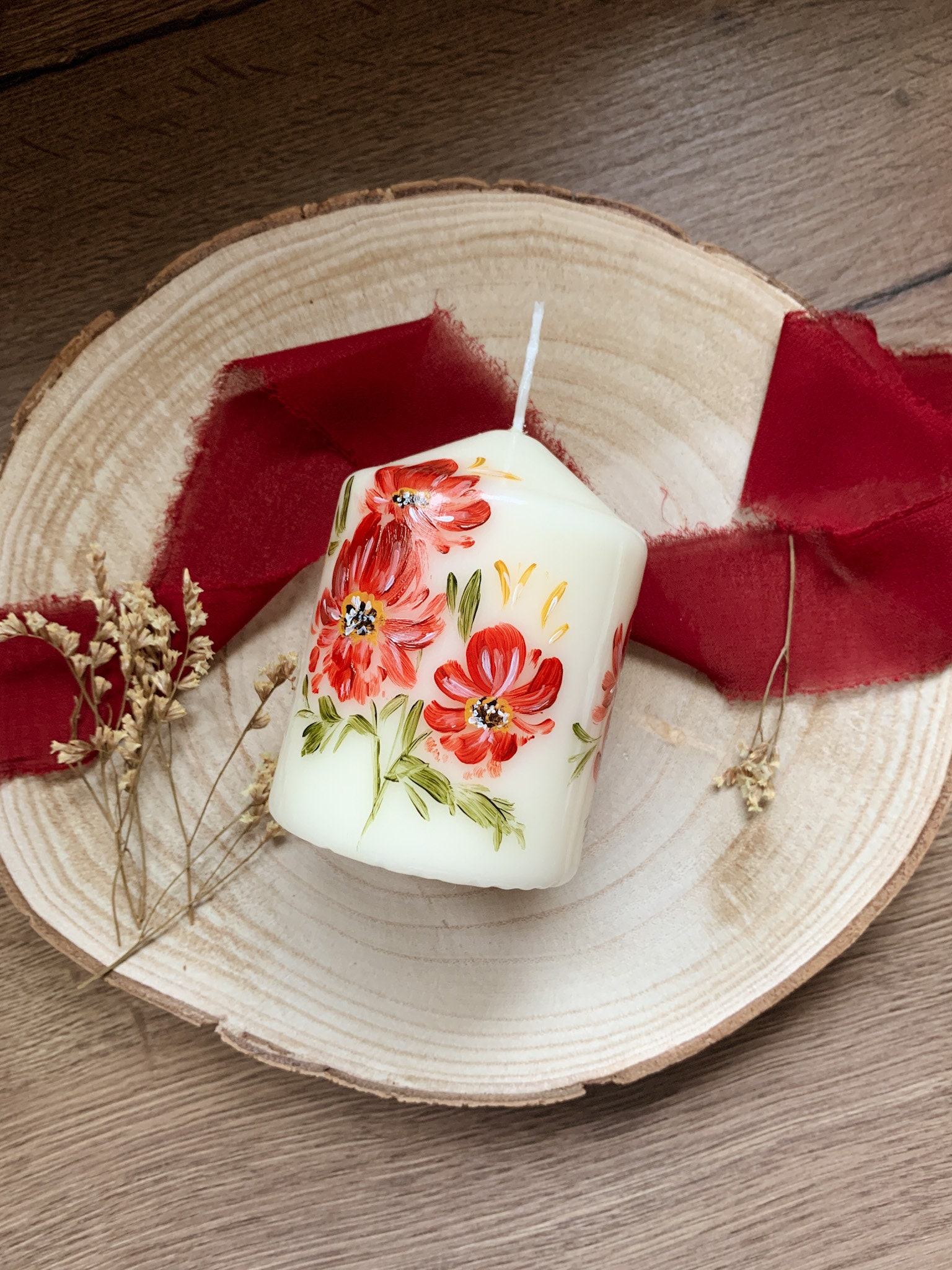 Hand Painted Pillar Candle With Loose Florals, Red Flowers, Spring ...