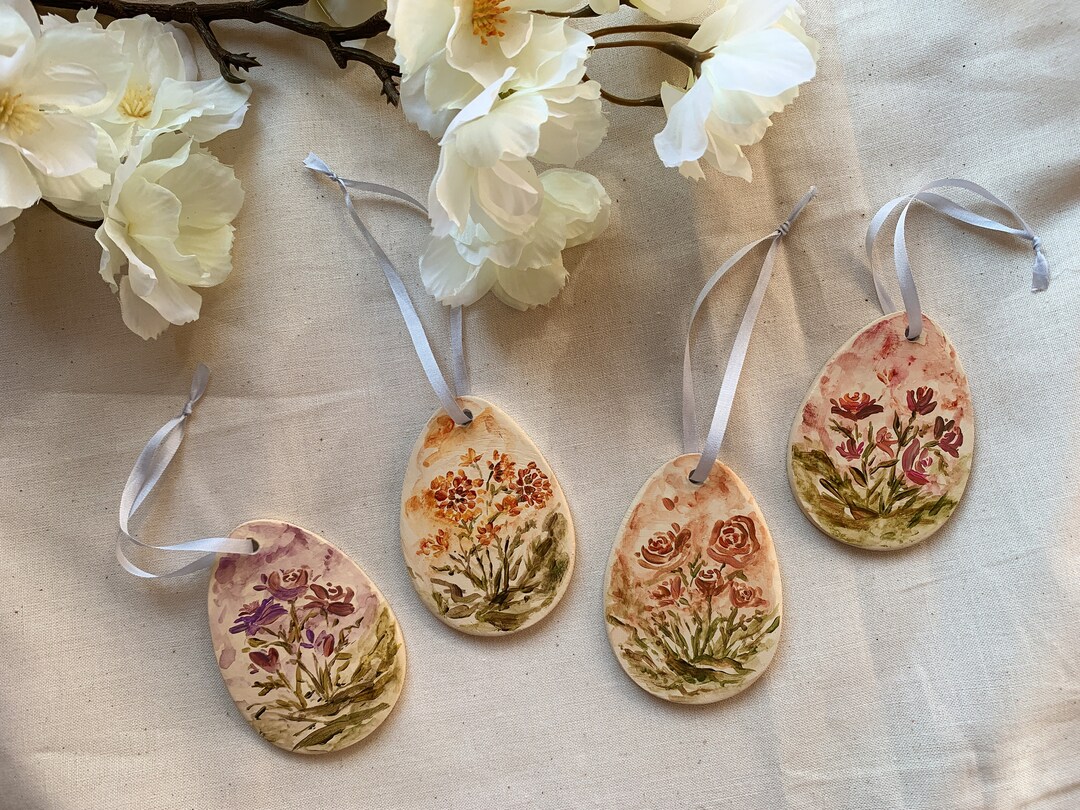 Set of 4 Rustic Easter Egg Ornaments With Floral Design, Spring ...