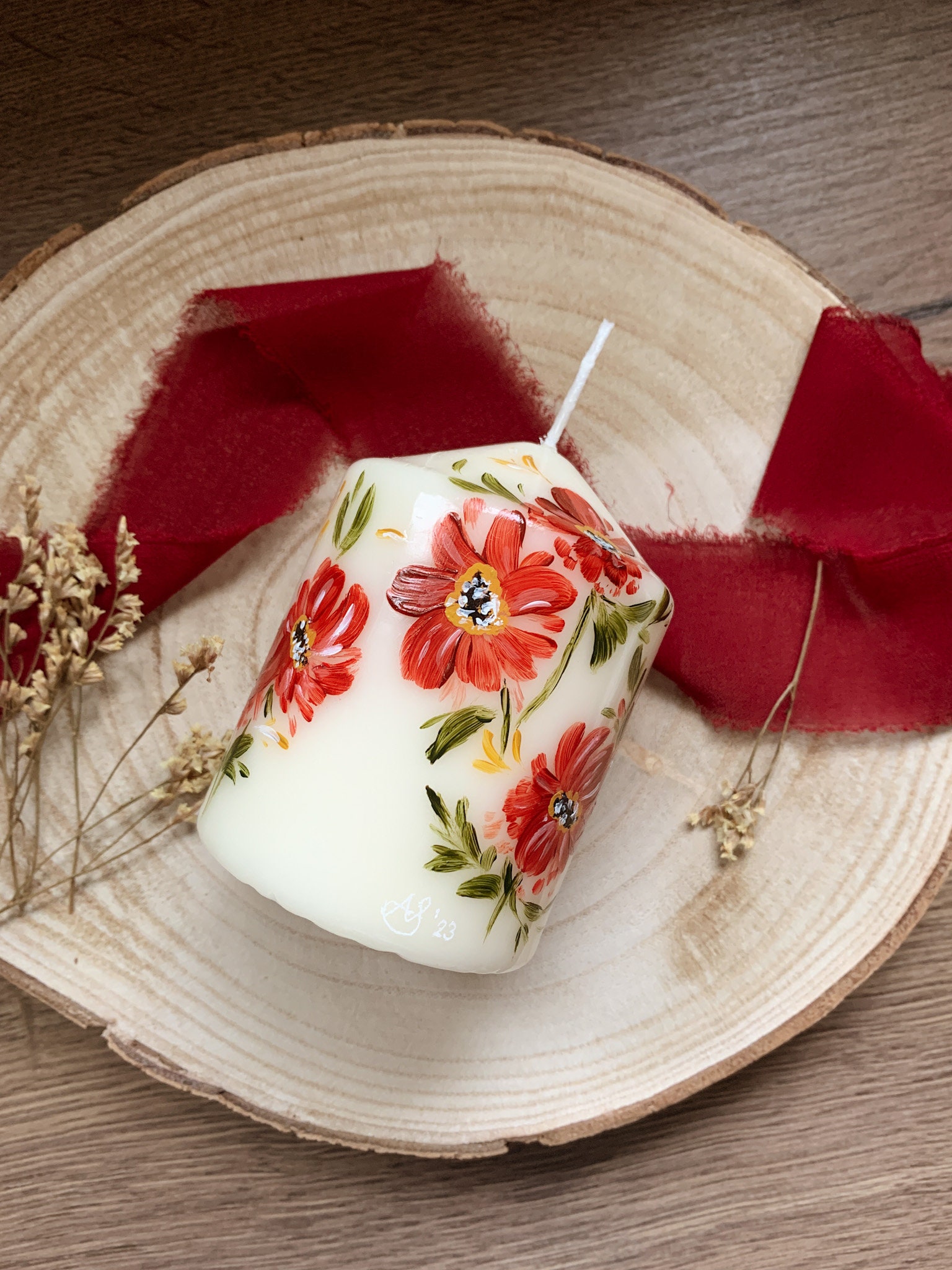 Hand Painted Pillar Candle With Loose Florals, Red Flowers, Spring ...