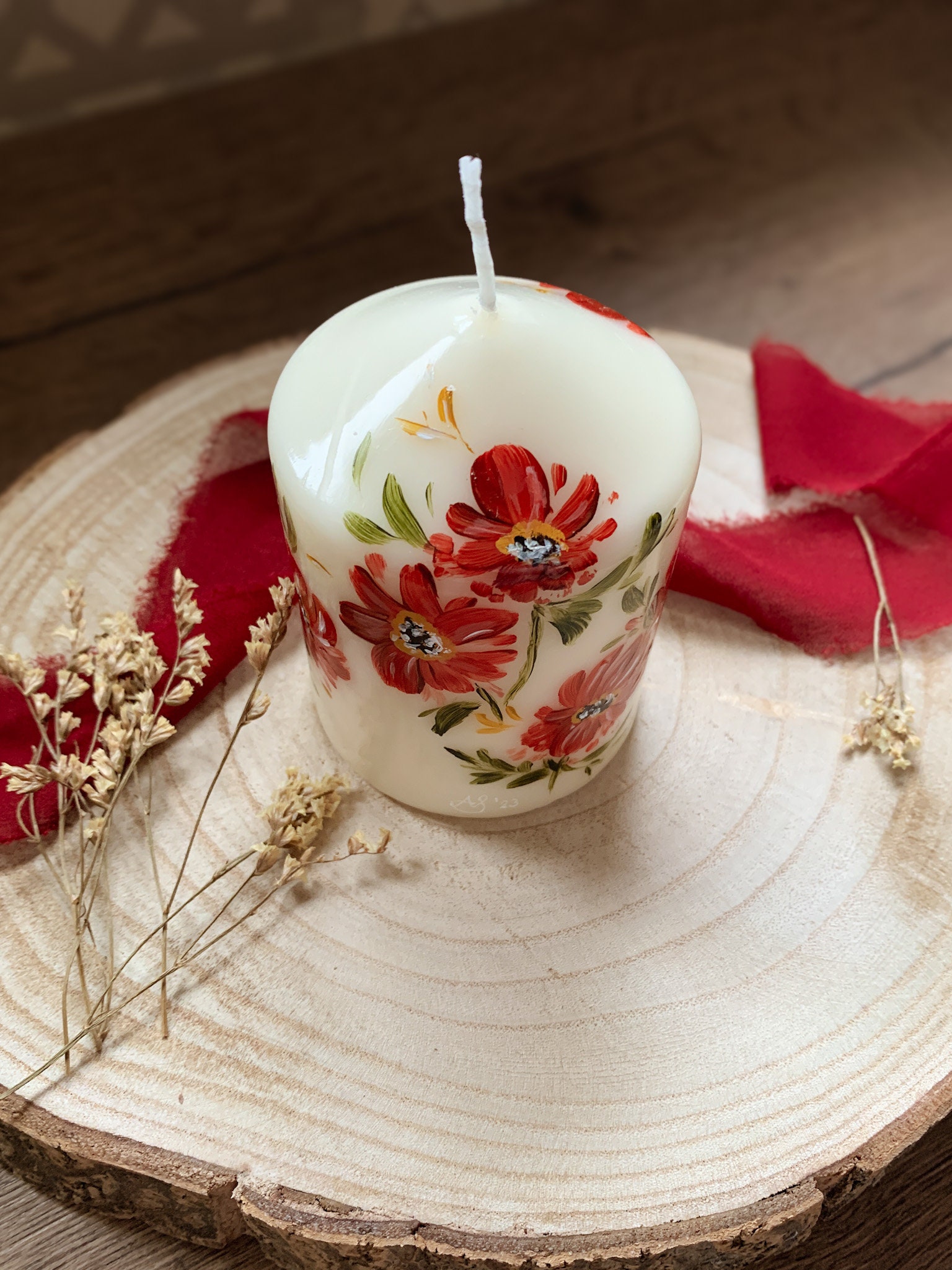 Hand Painted Pillar Candle With Loose Florals, Red Flowers, Spring ...