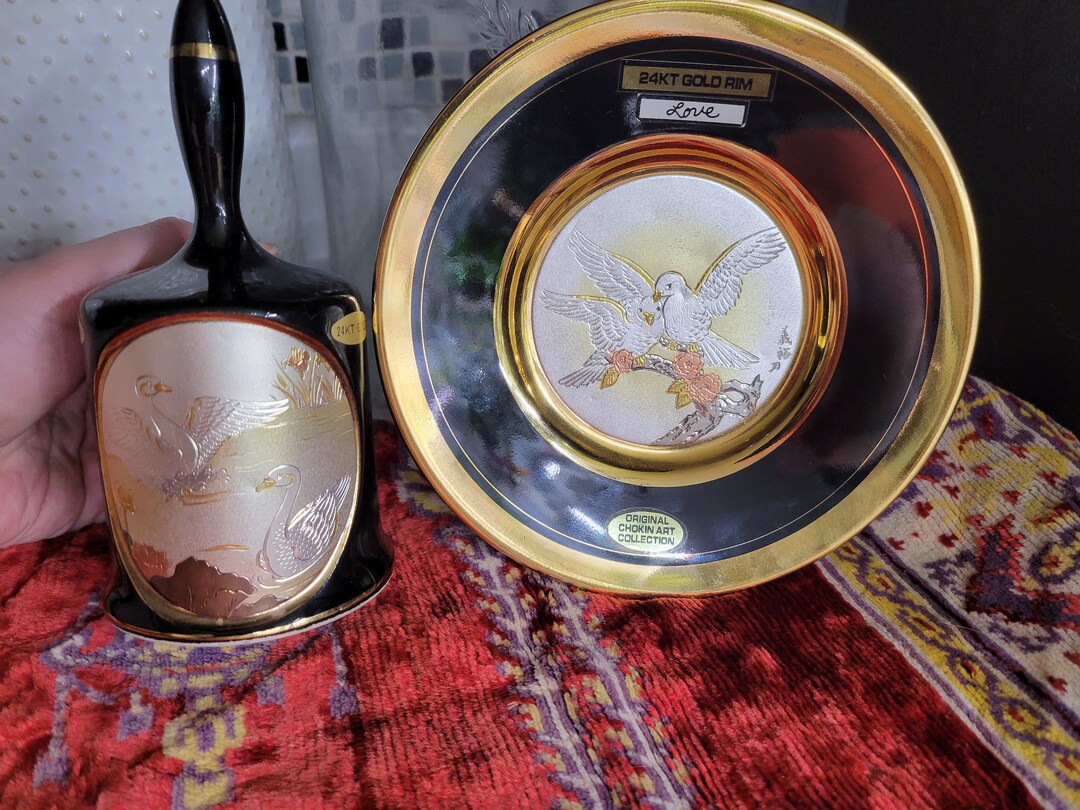 Chokin Art Dove Plate and Swan Bell. - Etsy