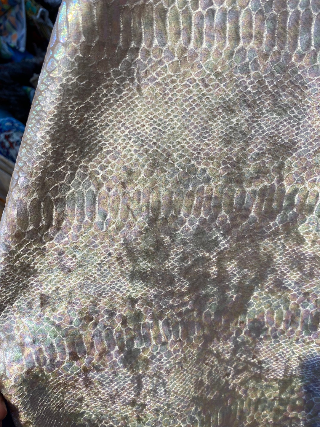 Gold Iridescent Snake Skin Design Four Way Stretch Velvet Fabric Sold ...