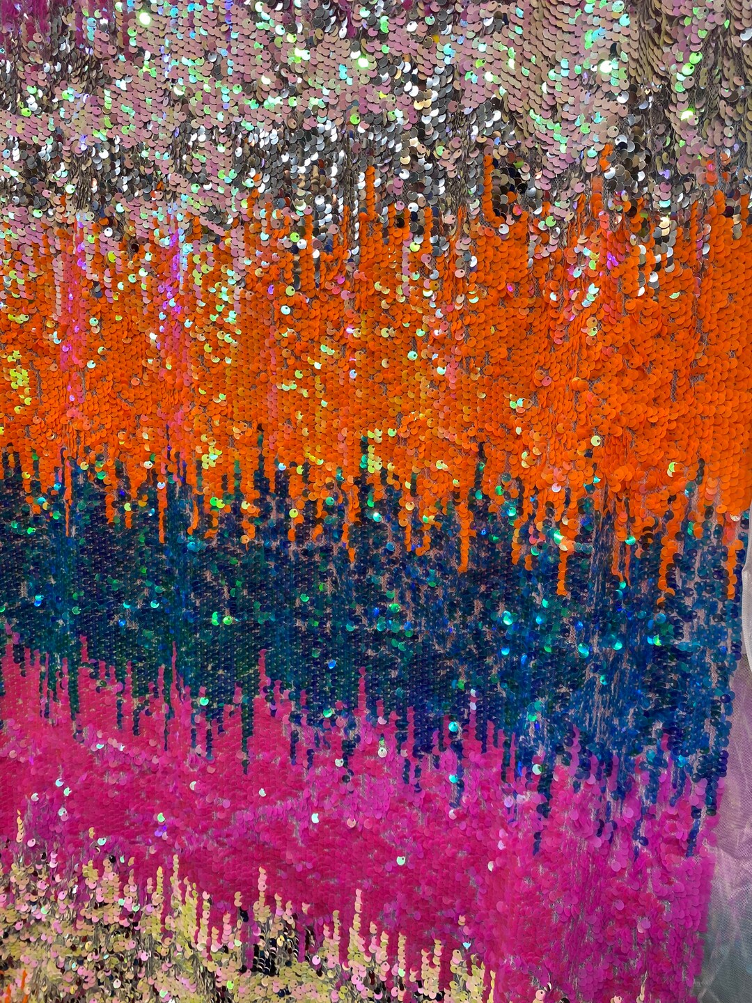 Multi-color Rainbow Wave Design Stretch Sequins 2 Way on White Mesh ...
