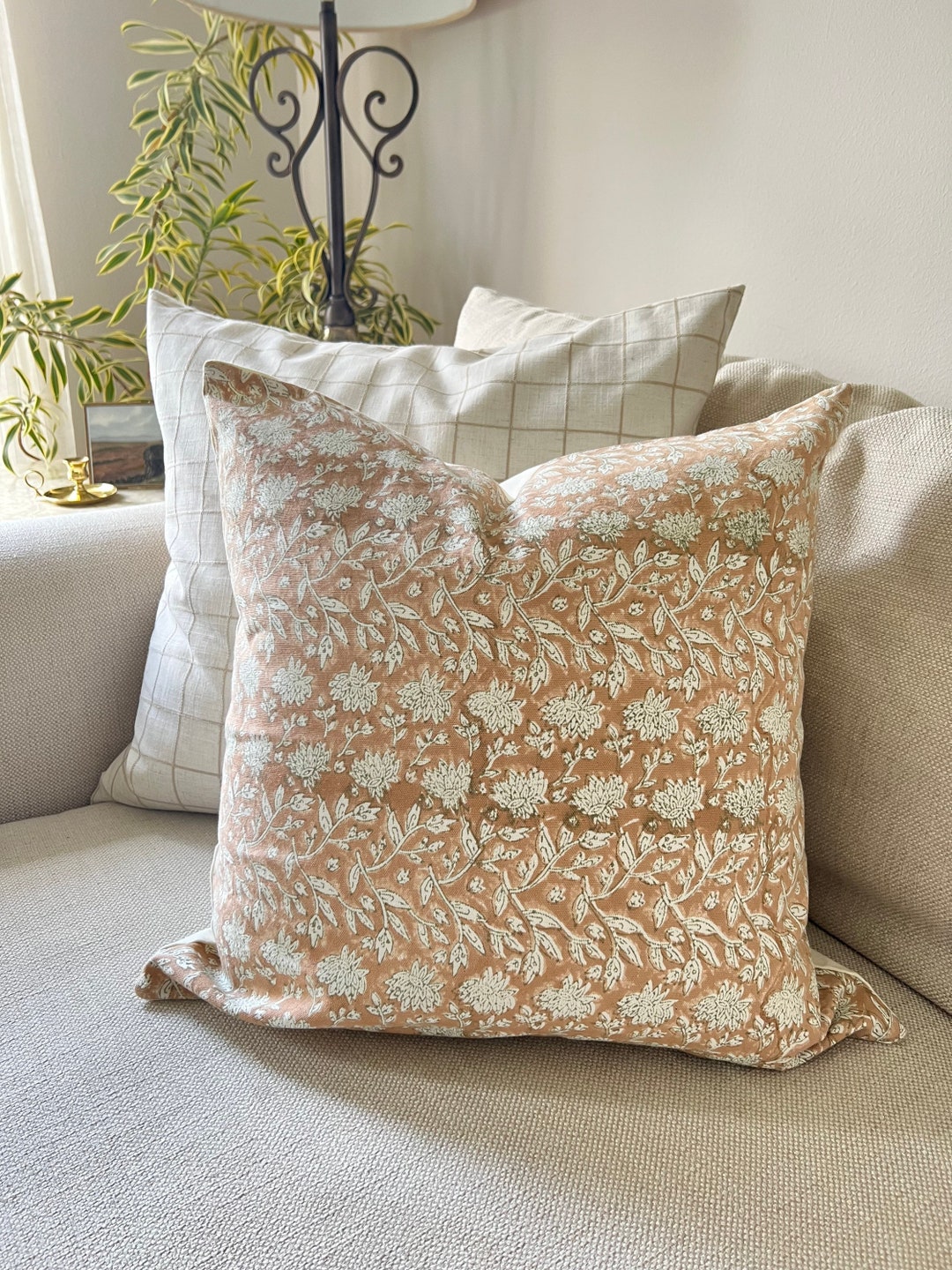 Fall Throw Pillows Block Print Pillows Boho Decor Fall Decor Green Tan ...