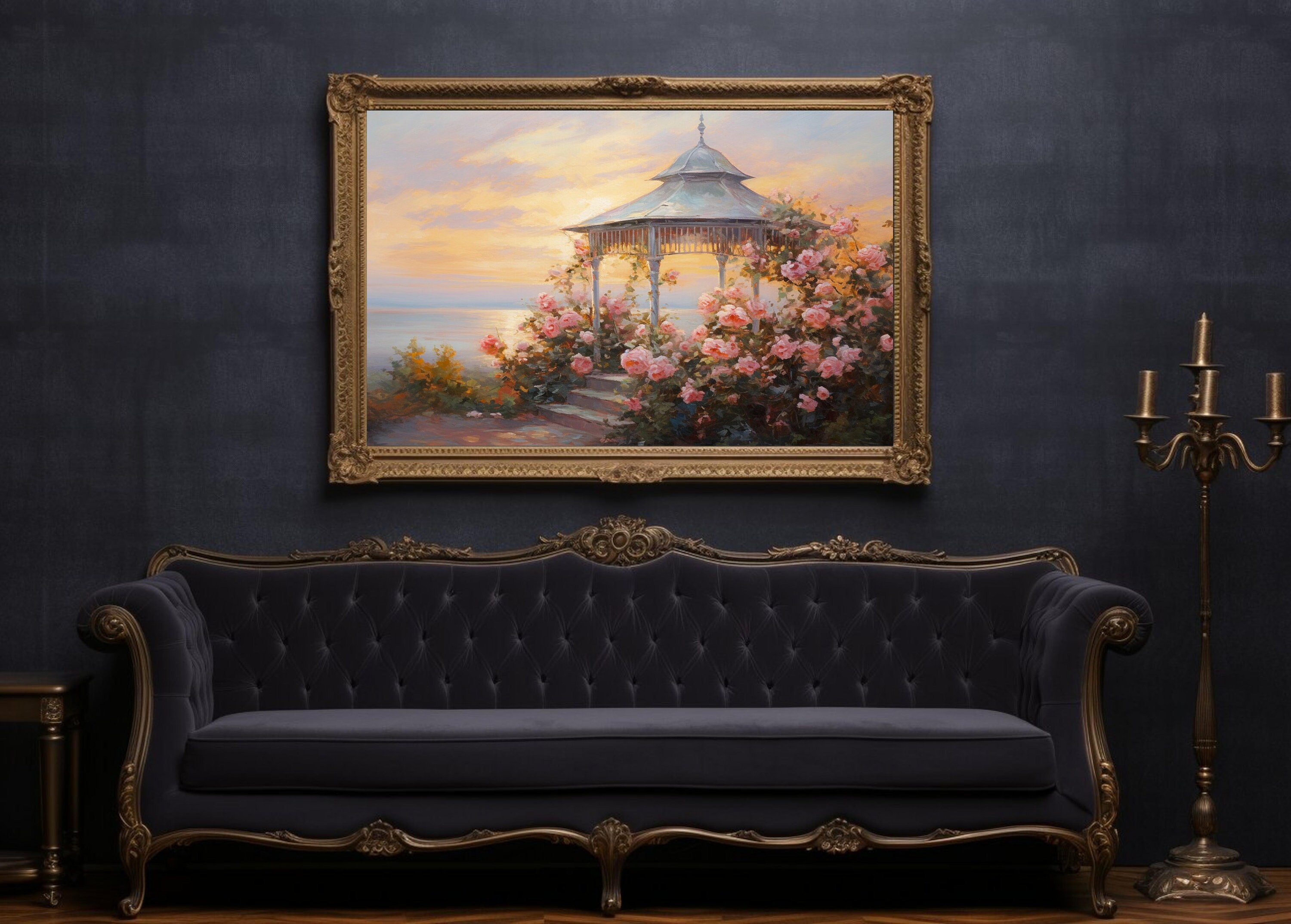 Romantic Rose Garden Gazebo Art Print, Victorian Sunset Landscape ...