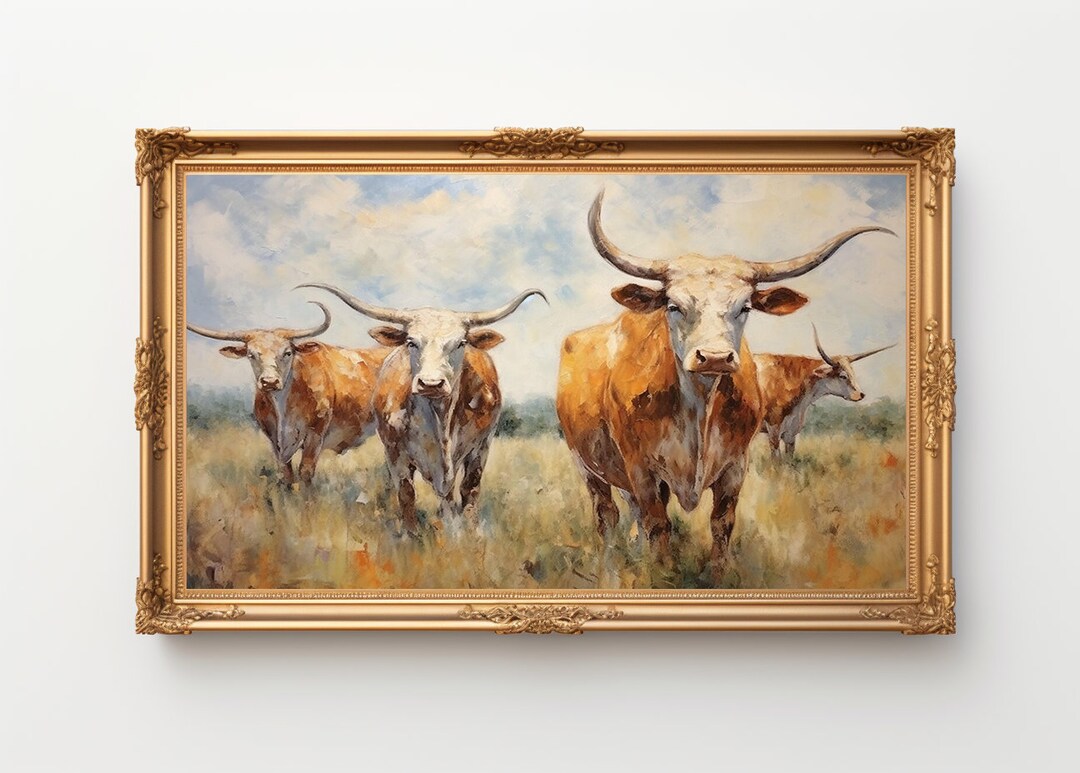 Majestic Longhorn Cattle Art Print, Rustic Farmhouse Wall Decor, Texan ...