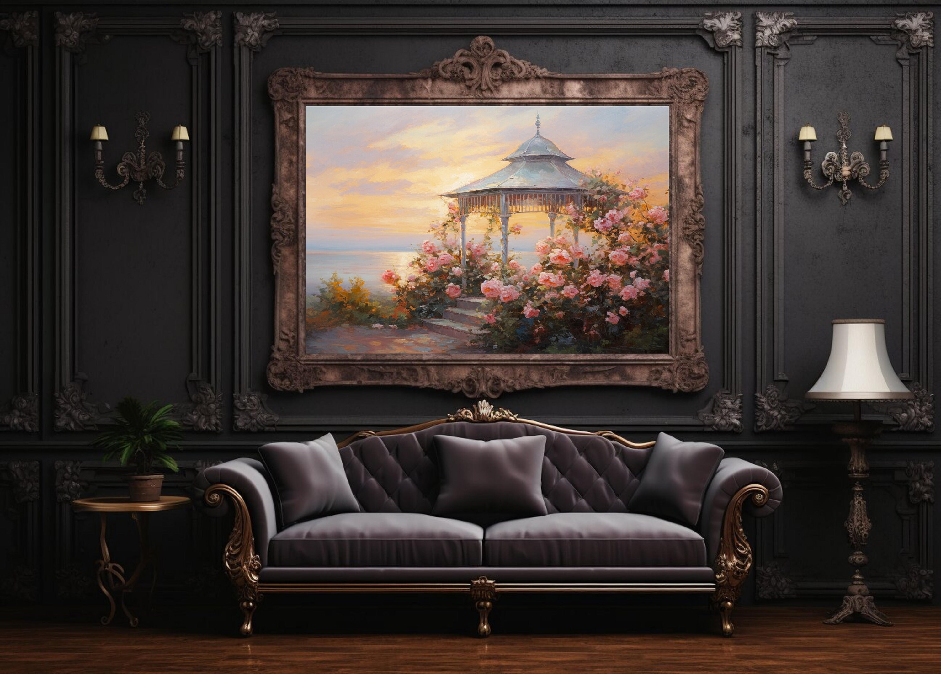 Romantic Rose Garden Gazebo Art Print, Victorian Sunset Landscape ...