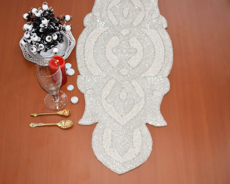 Handmade Bead Table Runner, White and Silver, Luxury Beaded Mat, Hand ...