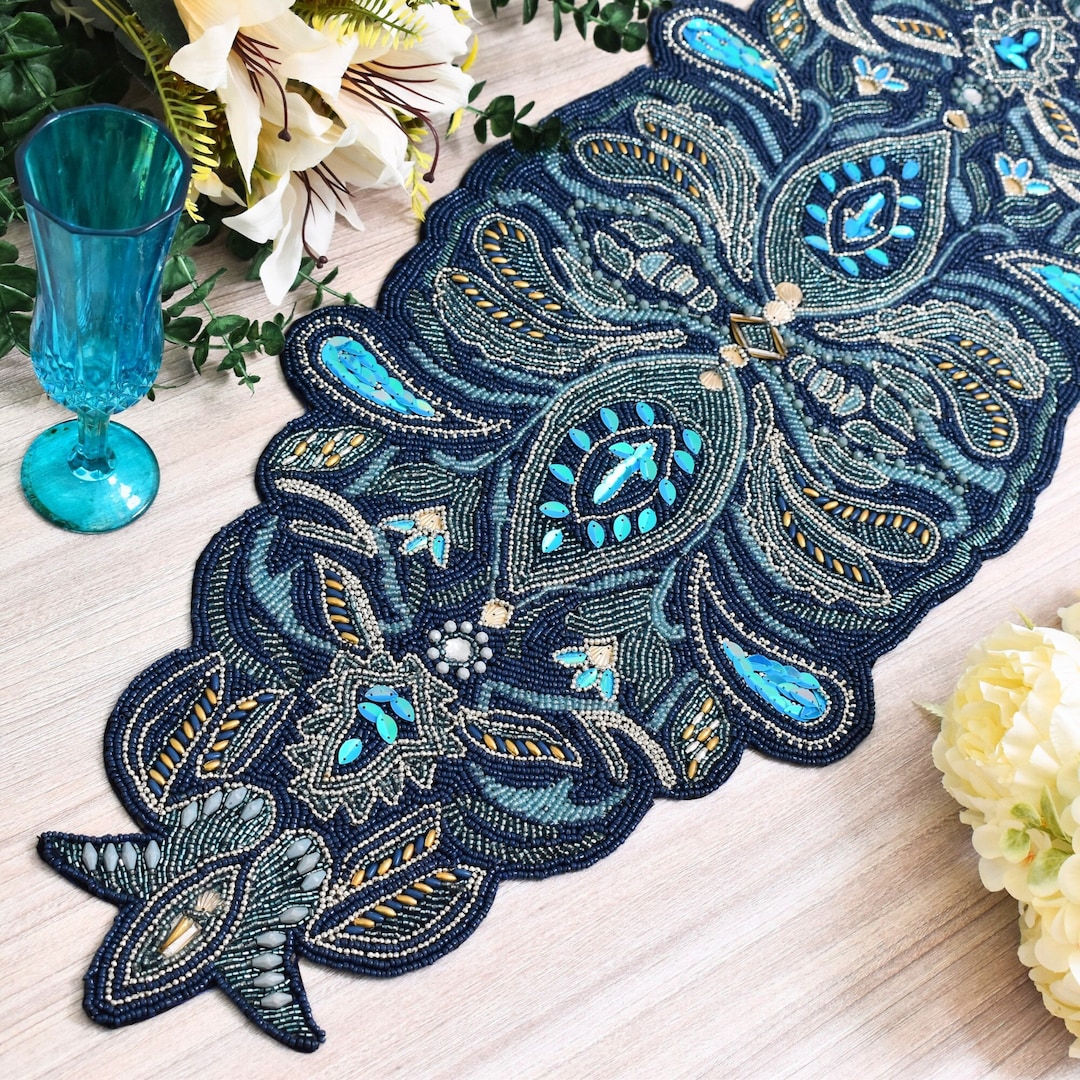 Handmade Table Runner, Beaded Table Runner, Blue Multi Colour ...