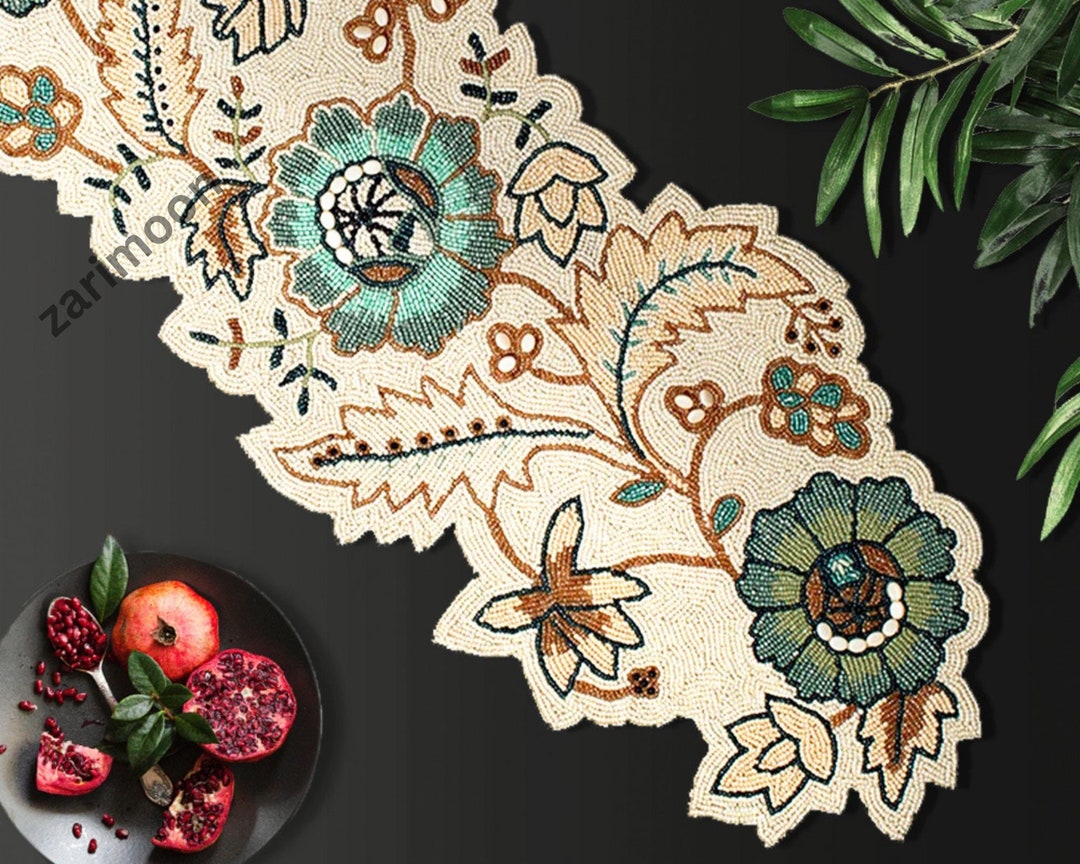 Handmade Table Runner, White and Pink, Floral Beaded Mat, Hand Beaded ...