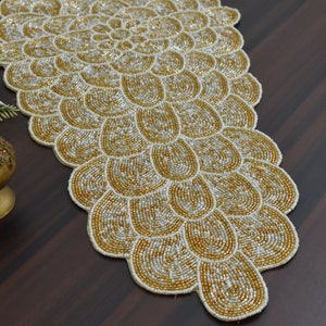 Handmade Bead Table Runner, White and Gold Floral, Luxury Beaded Mat ...