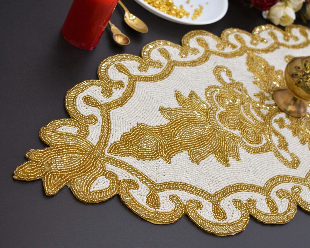 Handmade Table Runner, White and Gold, Luxury Beaded Mat, Hand Beaded ...