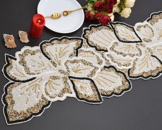 Handmade Table Runner Beaded Table Runner Cream Gold - Etsy