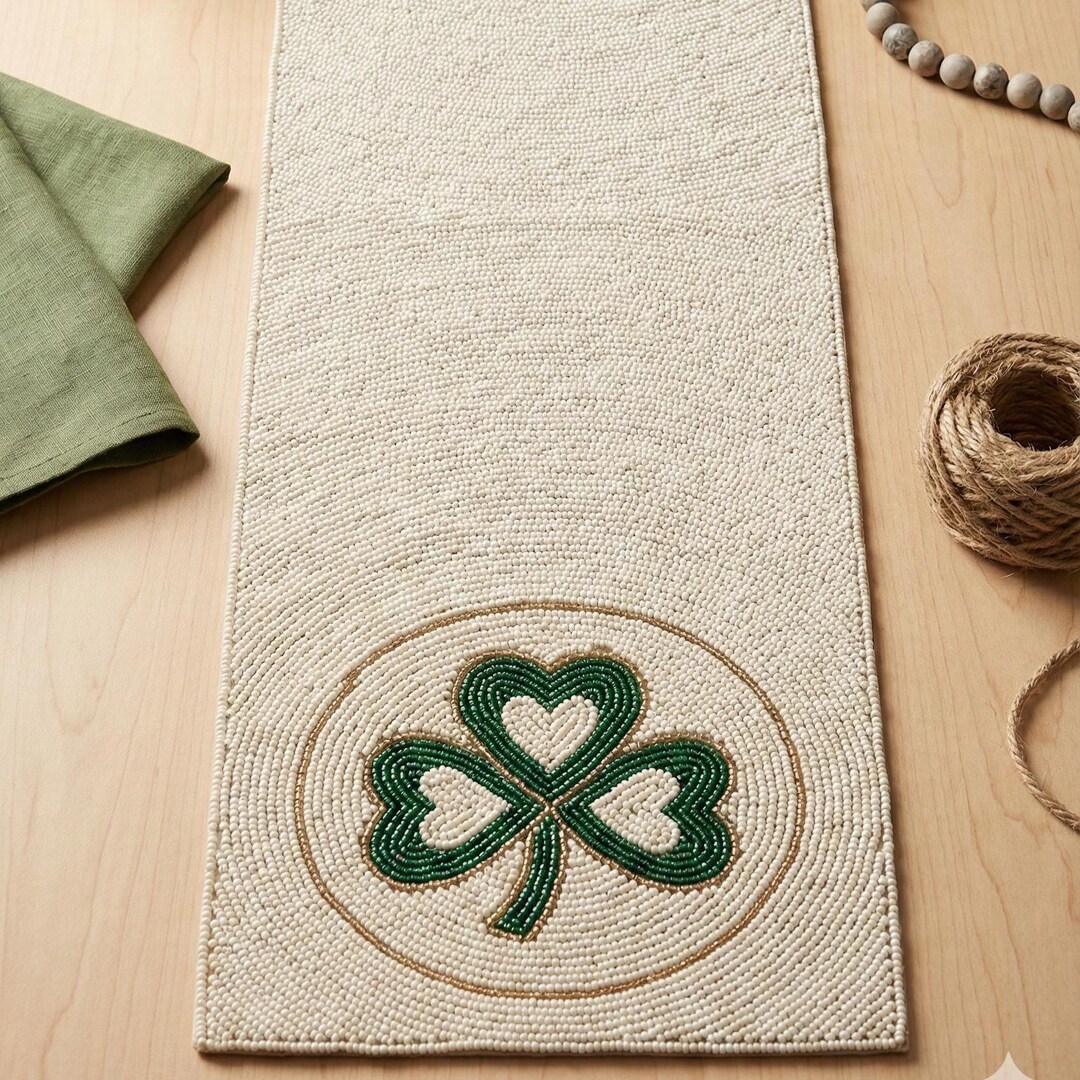 Hand-beaded Green and Cream Shamrock Table Runner - St. Patrick's Day ...