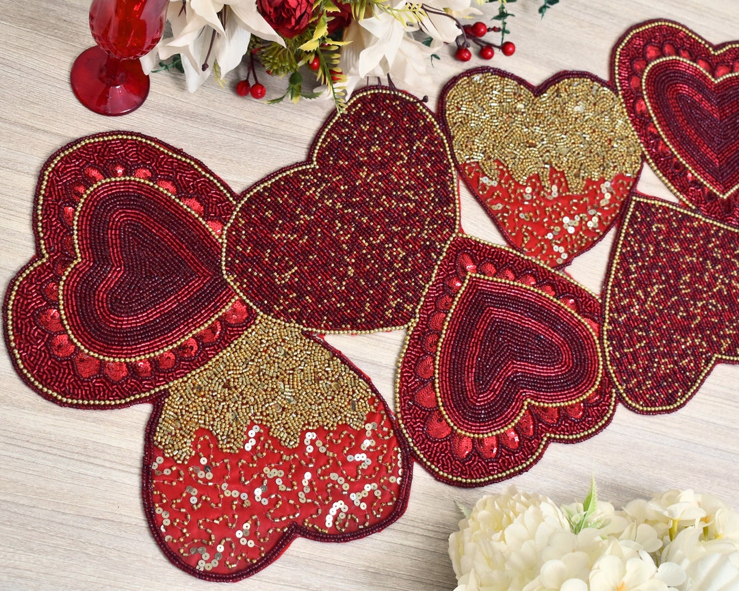 Valentine Handmade Beaded Table Runner, Heart Table Runner, Red Gold ...