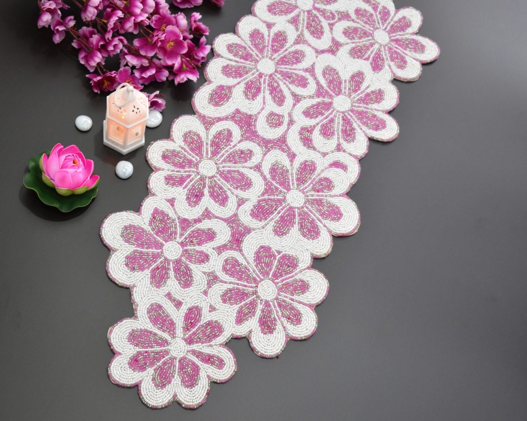 Handmade Table Runner, White and Pink, Floral Beaded Mat, Hand Beaded ...