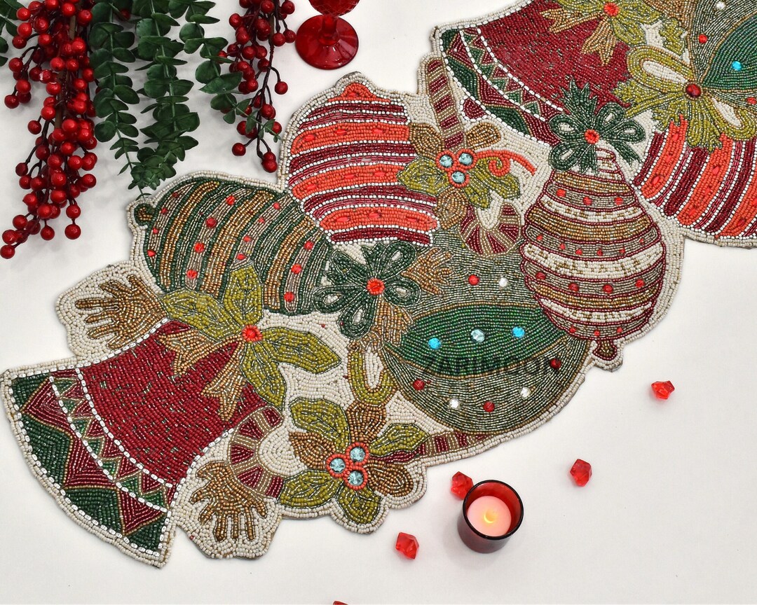 ALL SIZES Christmas Beaded Runner, Handmade Bead Table Runner, Bell ...
