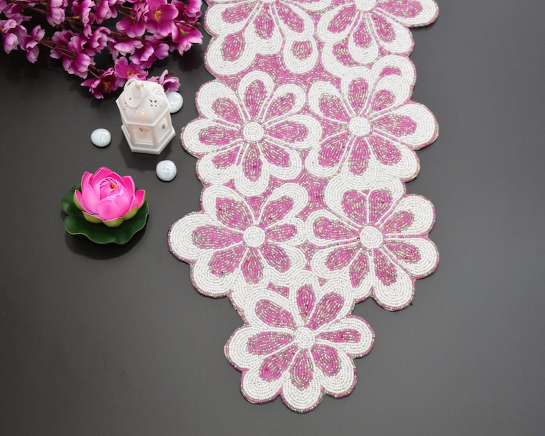 Handmade Table Runner, White and Pink, Floral Beaded Mat, Hand Beaded ...