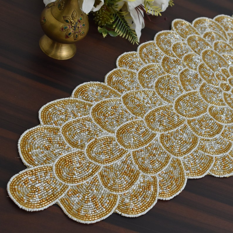 ALL SIZES Handmade Bead Table Runner, White and Gold Floral, Luxury ...