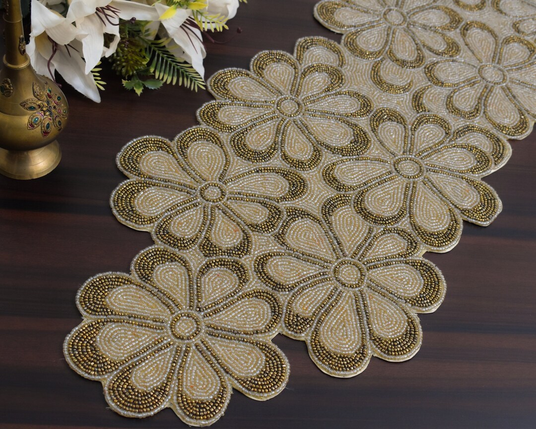 Handmade Bead Table Runner, Floral Gold Table Mat, Hand Beaded Runner ...