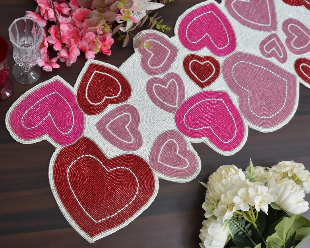 Valentine Handmade Beaded Table Runner, Heart Table Runner, Red Pink ...