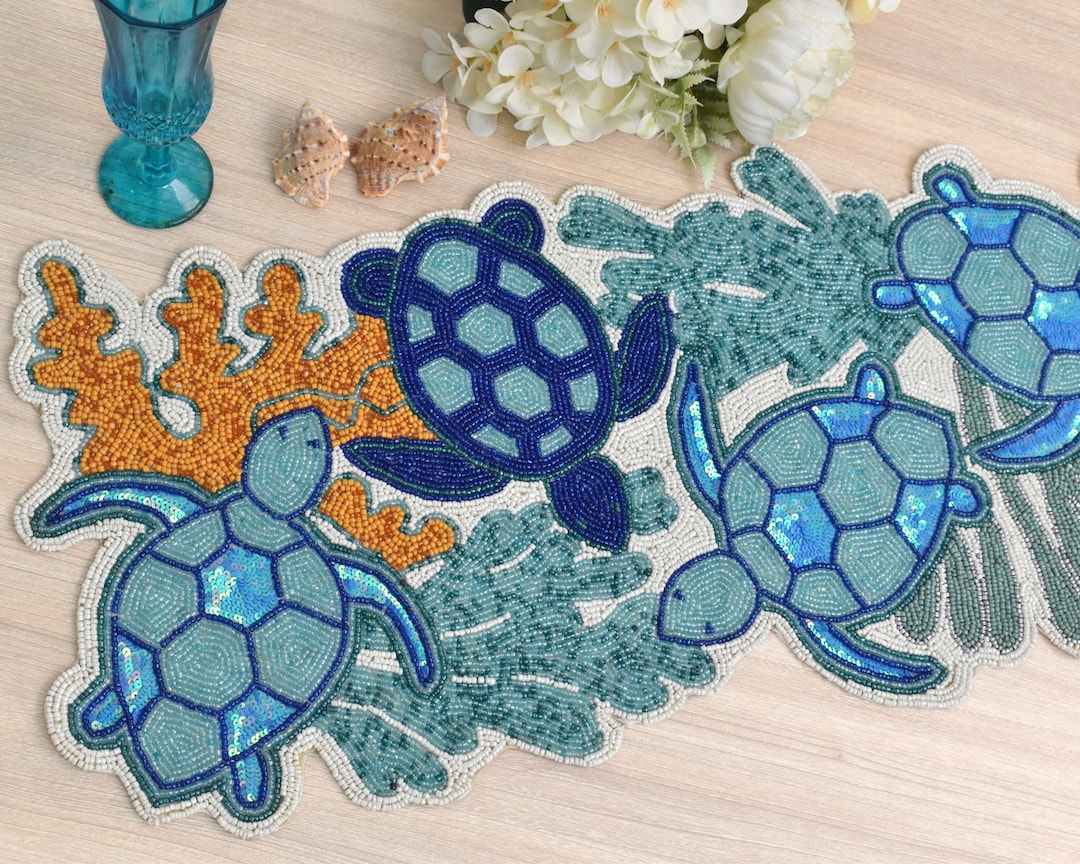 Handmade Bead Table Runner, Coastal, Ocean, Sea Turtle and Coral ...