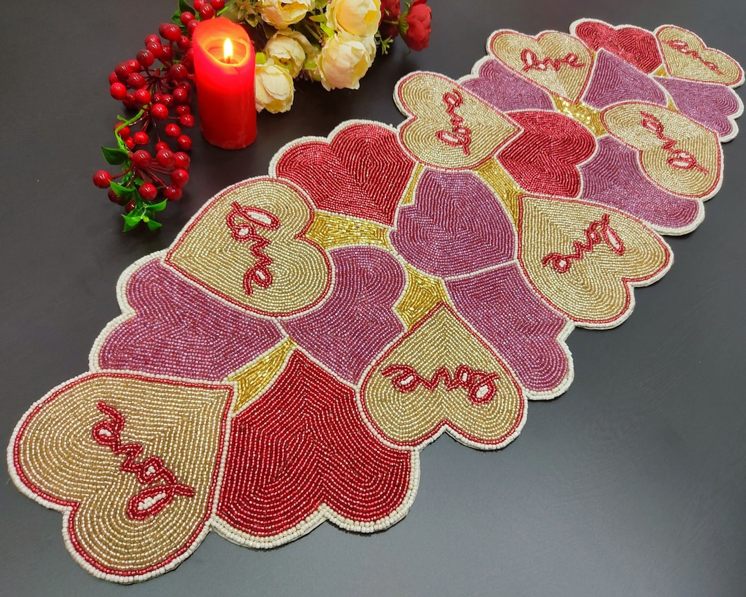 Valentine's Day Table Runner, Luxury Beaded Runner, Red and Gold Hearts ...
