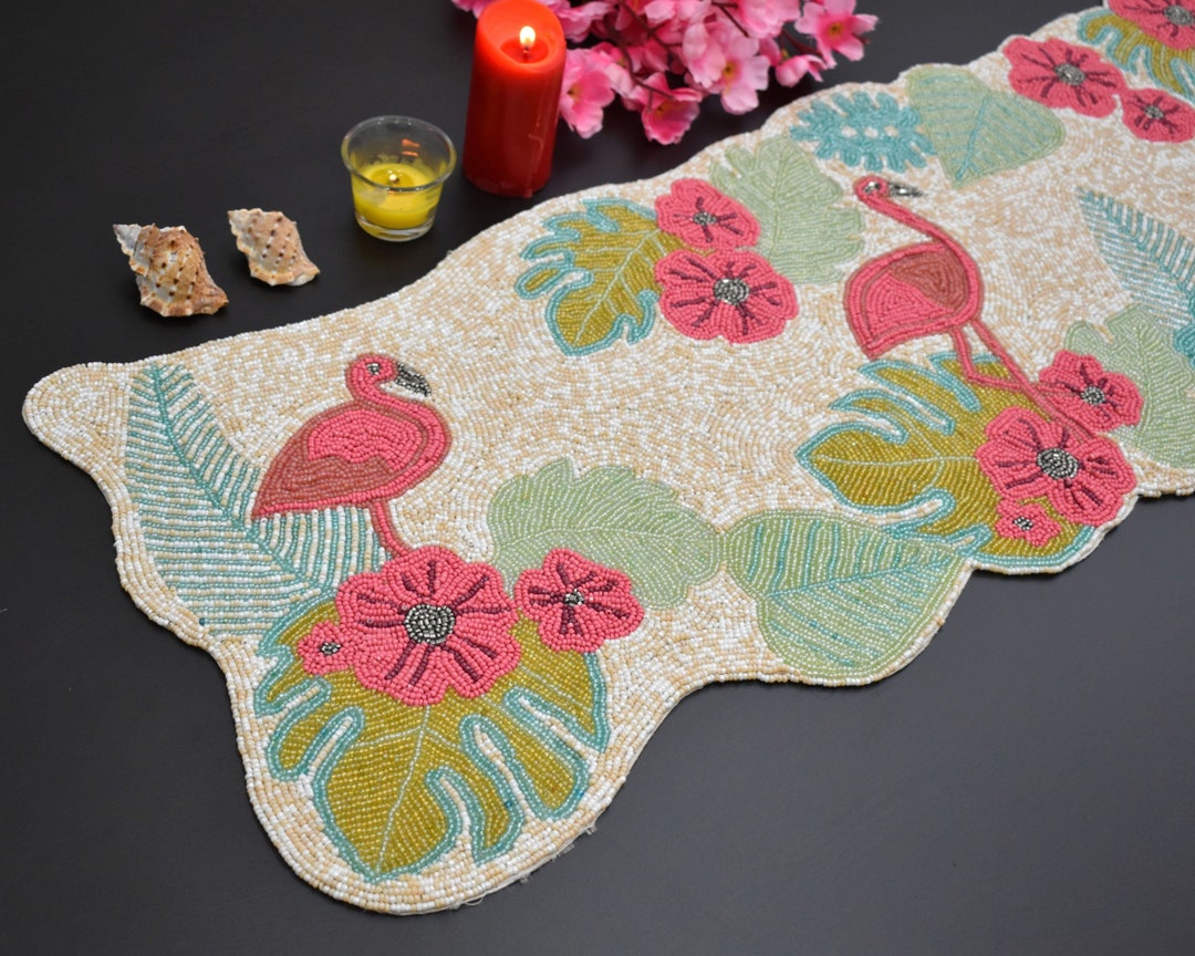 Handmade Table Runner, Beaded Table Runner, Cream Pink, Flamingos ...