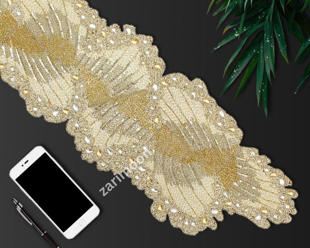 Gold Handmade Table Runner, White and Pink, Floral Beaded Mat, Hand ...