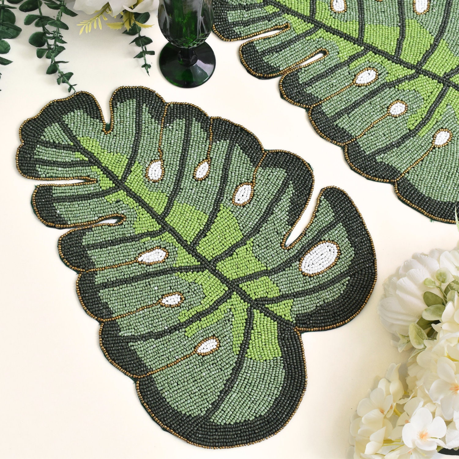 Handmade Beaded Placemat, Monstera Tropical Leaf Tablemat, 14 Inch ...