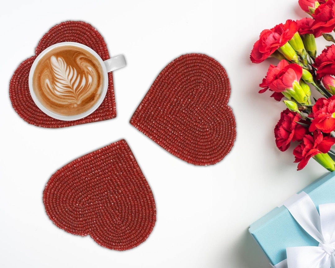 Set of 6/9/12 Heart Red Beaded Coasters Red Drink Coasters - Etsy