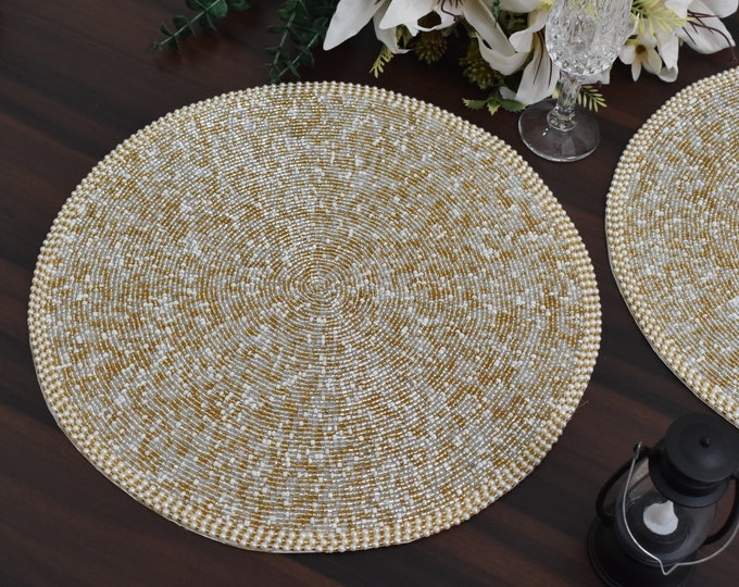 Gold and White Handmade Beaded Placemat, Beaded Charger, Beaded Table ...