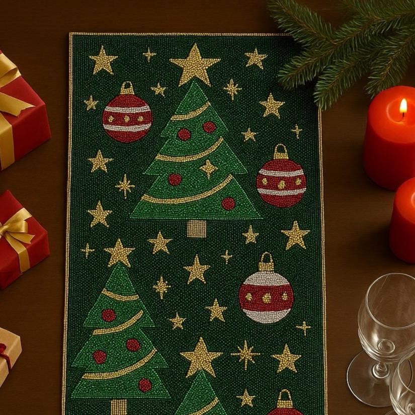 Green Christmas Tree Beaded Table Runner 13x36 | Handmade Beaded ...
