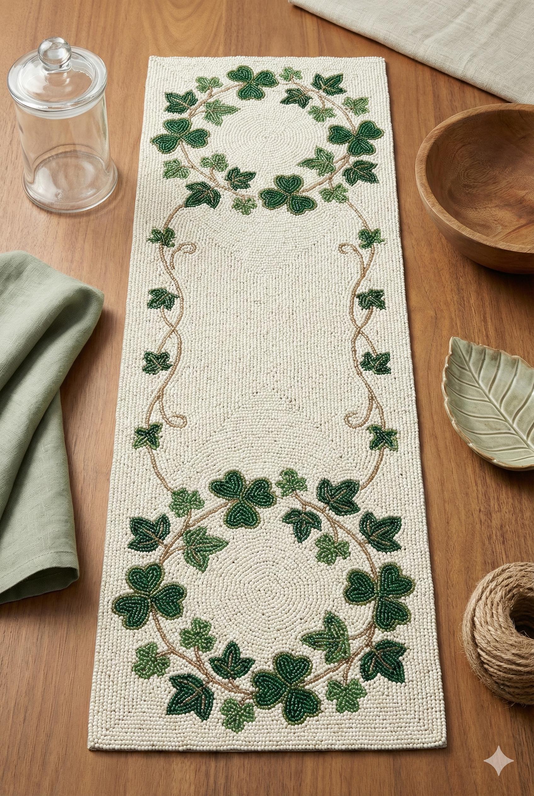 Hand-beaded Green and Cream Shamrock Table Runner - St. Patrick's Day ...