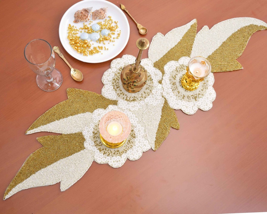 ALL SIZES Handmade Bead Table Runner, White and Gold, Leaf Beaded Mat ...