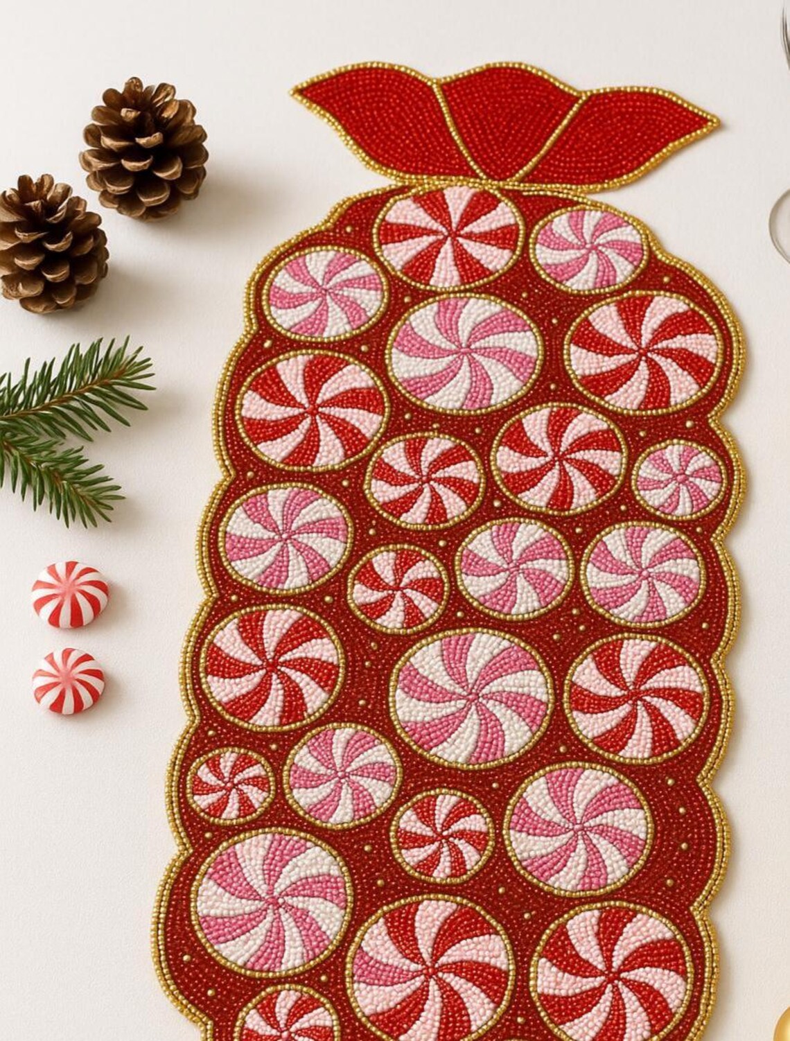 ALL SIZES Peppermint Candy Shape Beaded Christmas Table Runner 13x36 ...