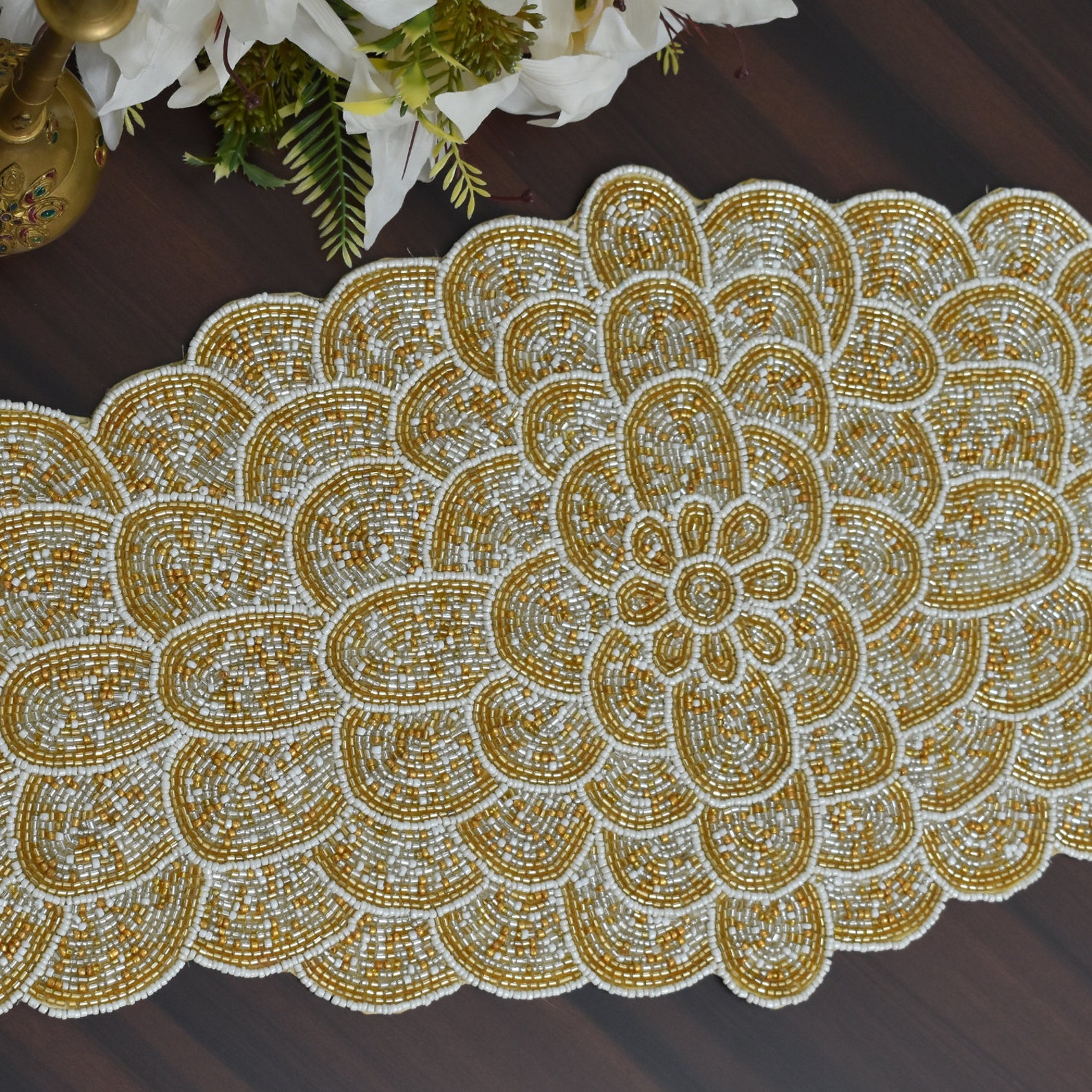 ALL SIZES Handmade Bead Table Runner, White and Gold Floral, Luxury ...