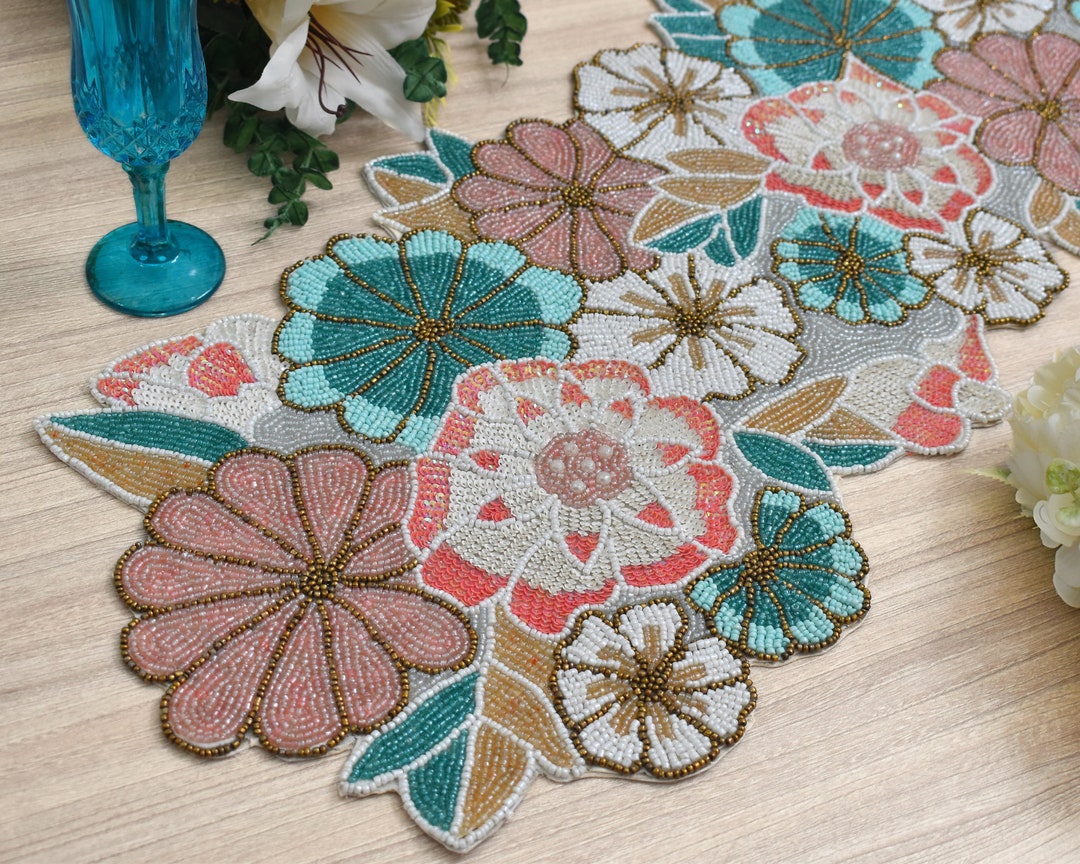 Handmade Table Runner, Floral Spring Beaded Table Runner Multicolor ...