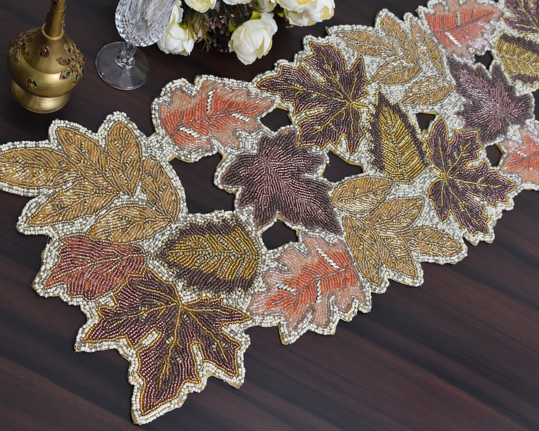 Handmade Bead Table Runner, Maple Leaf Beaded Table Runner, Multicolor ...