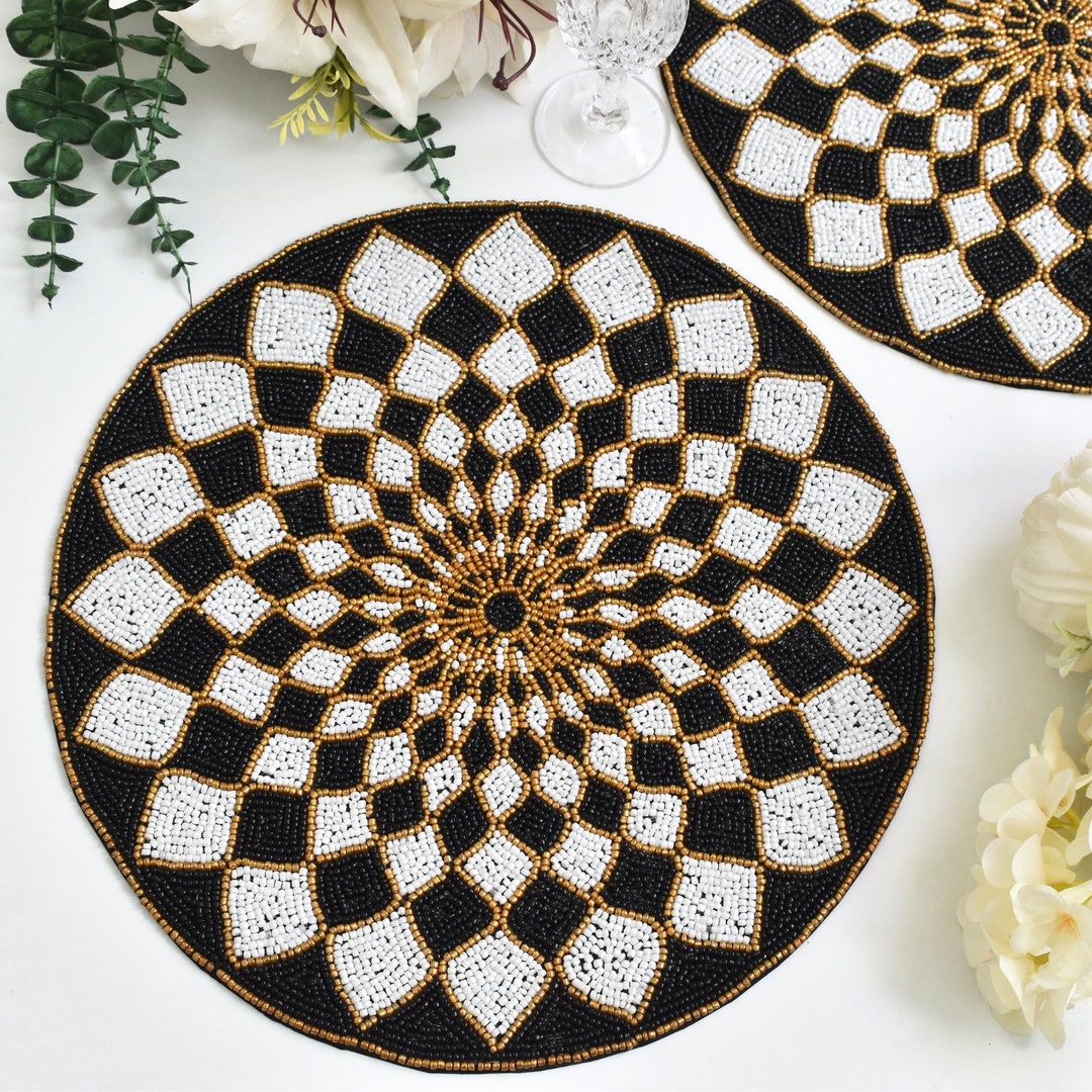 Christmas Handmade Beaded Placemat, Table Decoration Mat, Black White ...
