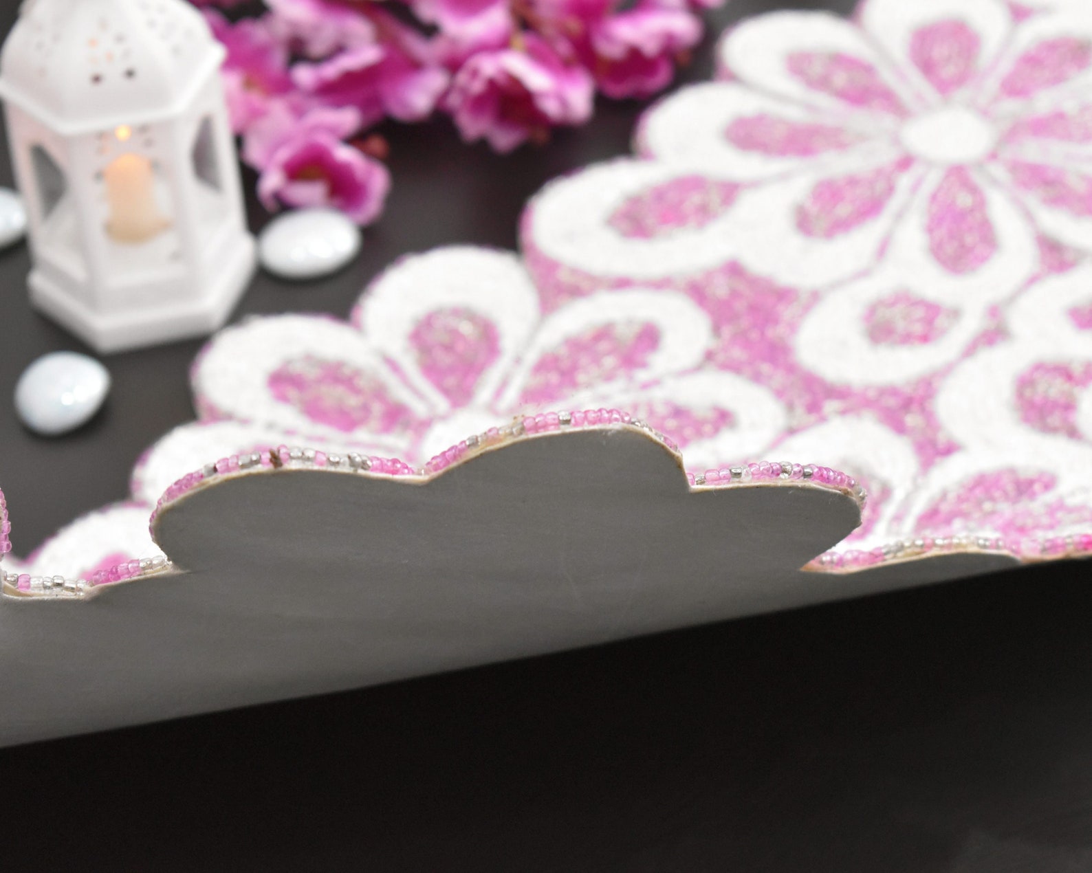 Handmade Table Runner, White and Pink, Floral Beaded Mat, Hand Beaded ...