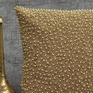Gold Beaded Pillow Cover: Handmade Luxury Accent Cushion - Etsy