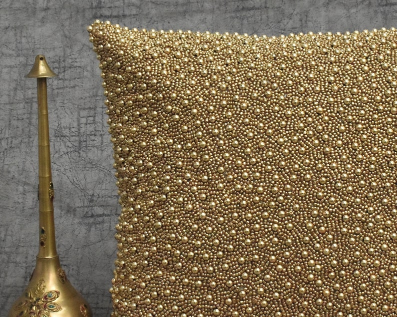 Gold Beaded Pillow Cover: Handmade Luxury Accent Cushion - Etsy