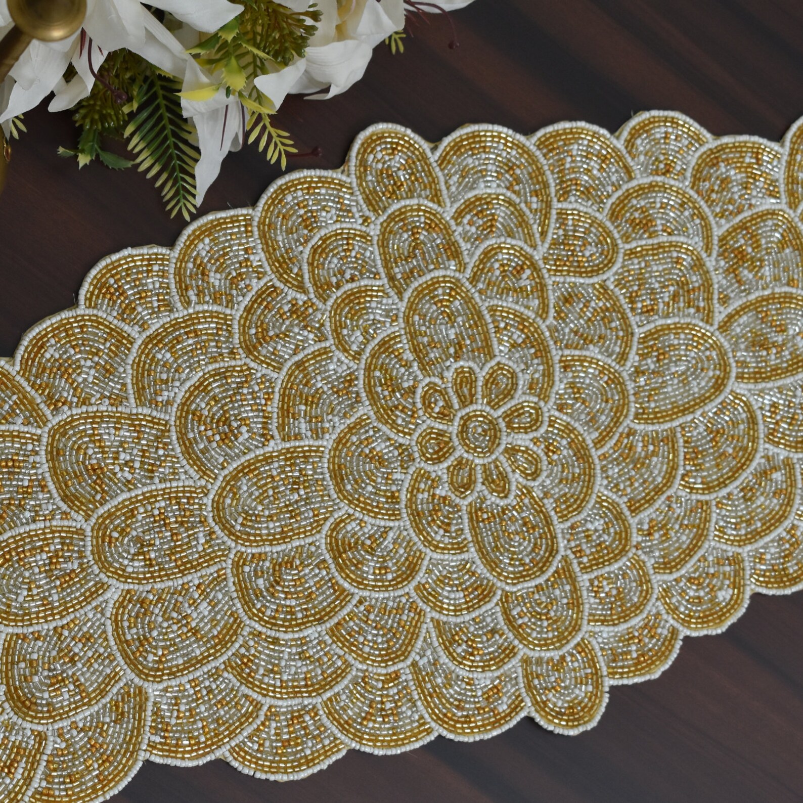 ALL SIZES Handmade Bead Table Runner, White and Gold Floral, Luxury ...