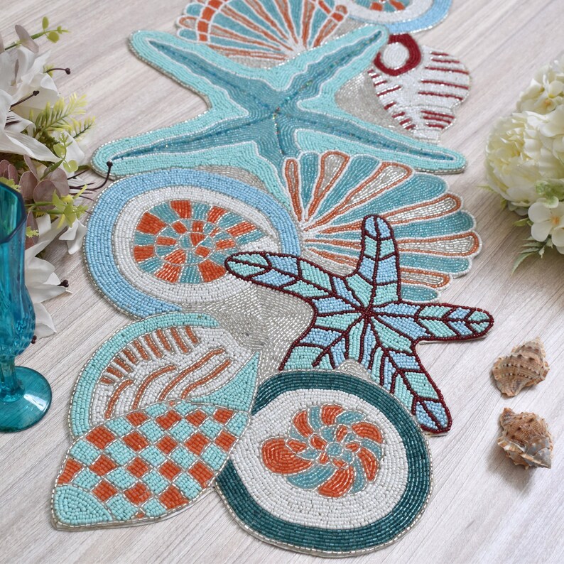 Handmade Table Runner, Beaded Table Runner, Starfishes and Shells ...