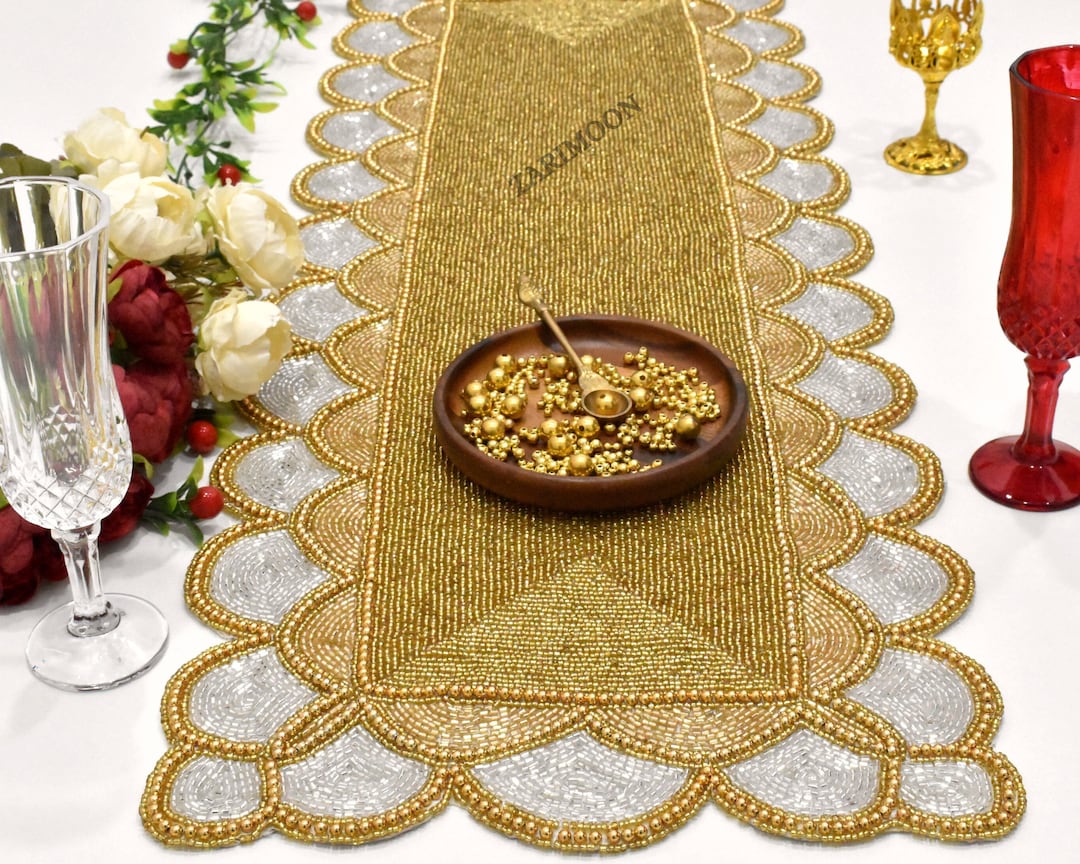 Gold Silver Handmade Table Runner, Luxury Beaded Mat, Hand Beaded ...
